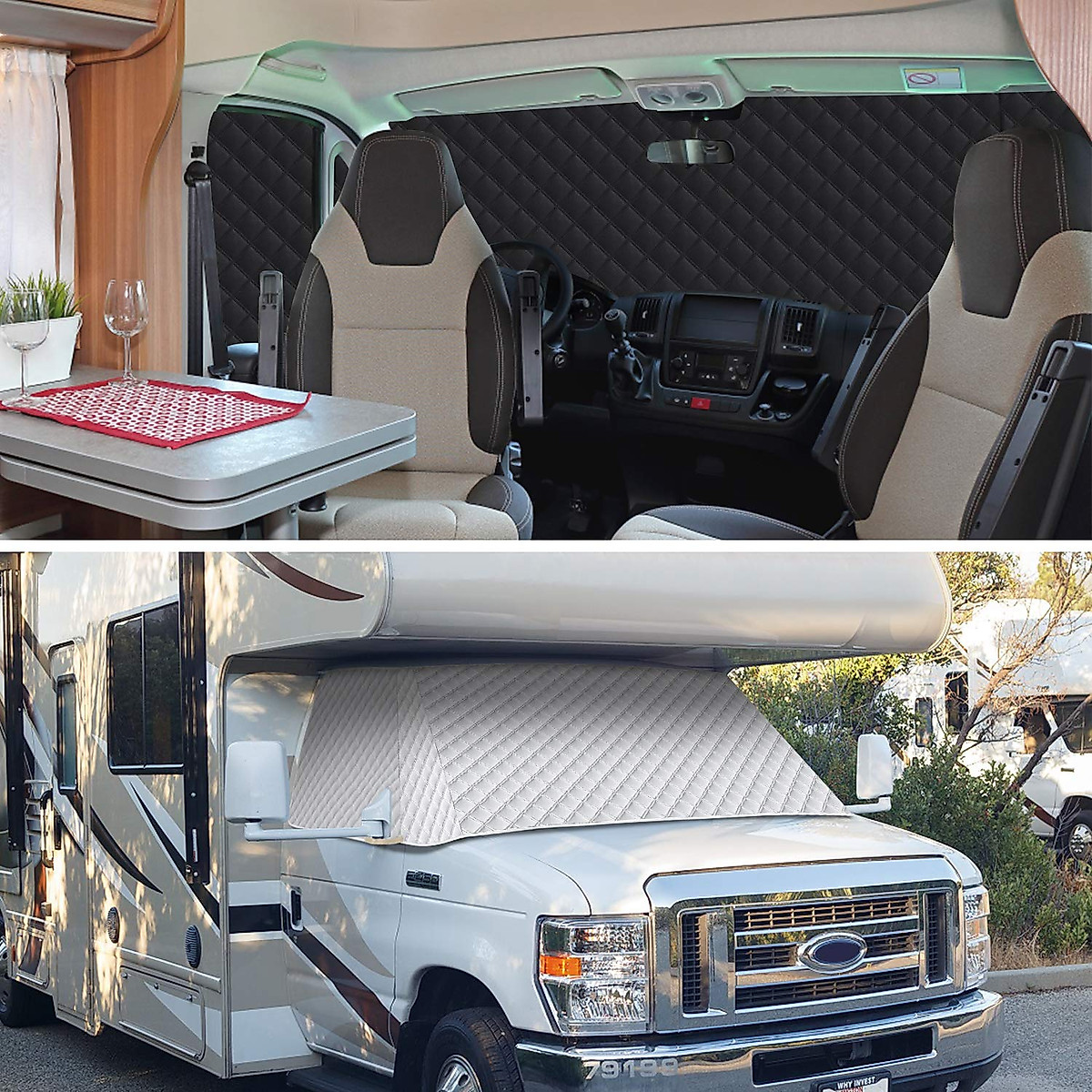 COOLTOP RV Windshield Cover for Class C Ford E450 1997-2020, RV Front Window Cover Motorhome Windshield Sunshade Cover with Mirror Cutouts