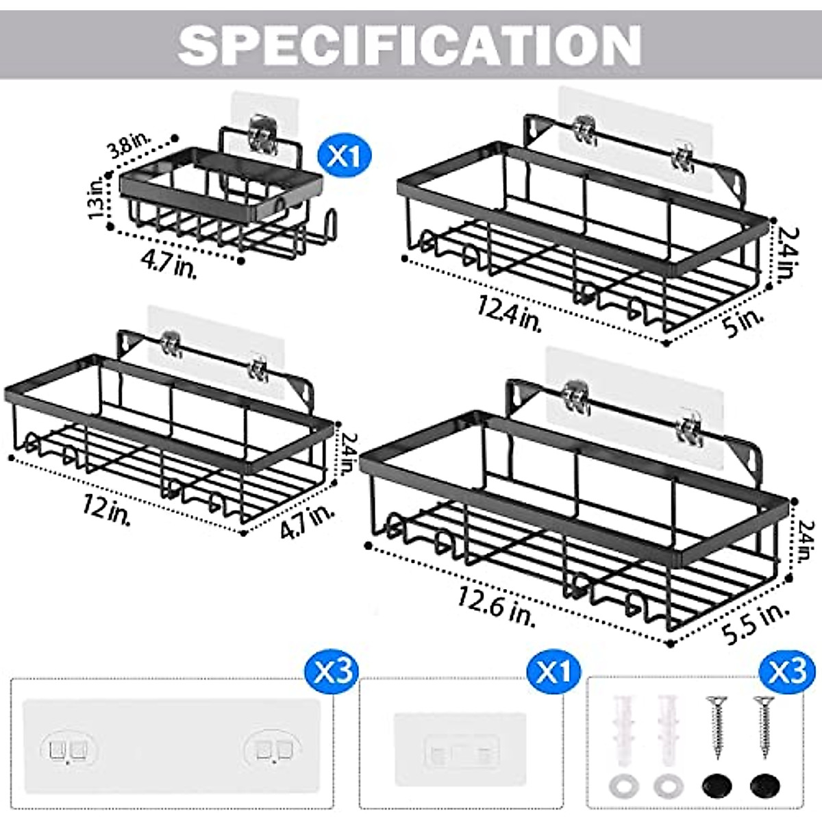 APPBYER Adhesive Shower Caddy Shelf with 14 Hooks Organizer Rack(3 Pack) & 1 Soap Dish,Bathroom Shower Shelves Wall Mounted Shower Rack Bathroom Organizer - No Drilling for Home Inside