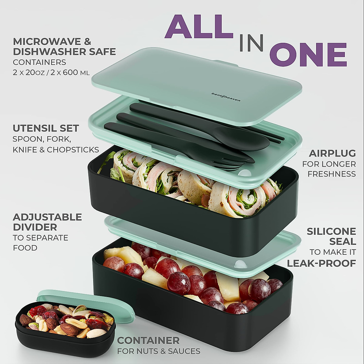 Bentoheaven Premium Bento Lunch Box with Insulated Lunch Bag - Includes Sauce Cup, Divider, Cutlery & Chopsticks - Made of Durable Aluminum and Foam