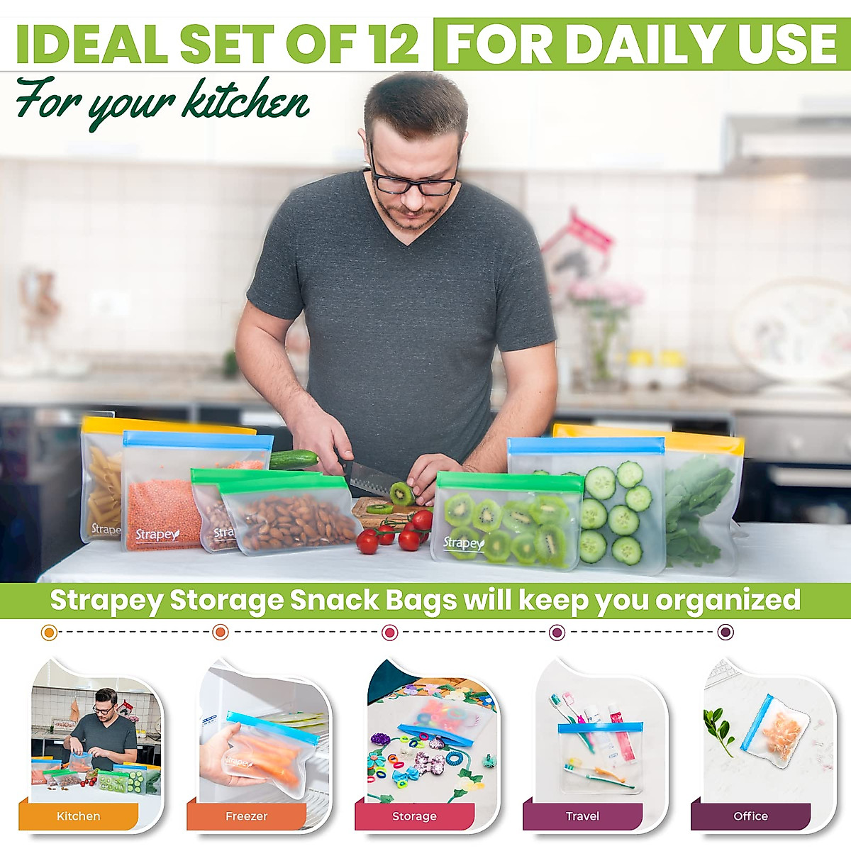 [12 pack] Reusable Snack Bags keep Food Fresh, Easy Lunch Bags are Durable and Food Grade, Reusable Freezer Bags and Leak Proof, Food Storage Sandwich Bags and Eco-Friendly, Lunch Box for Kids