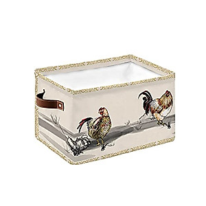 1 PC Large Storage Basket Bins Waterproof Fabric, Rooster Ink Painting Rectangular Storage Box for Shelf Closet Organizer Chinese Farm Chicken Cock Plant