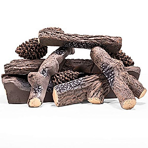 Barton 9Pc Ceramic Log Set Pine Wood Style w/Stackable Gas Heat Resistant Outdoor Indoor Fireplace Fire Wood Fake Realistic