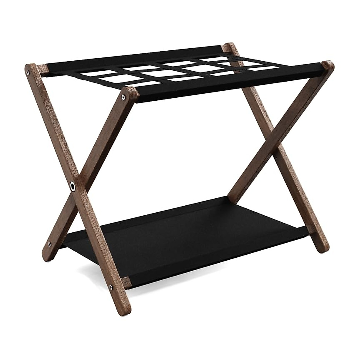 Kweetle Luggage Rack for Guest Room,1- 2 Pack Wood Suitcase Racks with Nylon Straps & Storage Shelf, Holds up to 180lbs, Folding Travel Hotel Luggage Stand (Walnut)