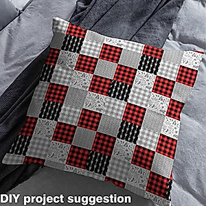 Buffalo Plaid Fabric by The Yard, Woodland Theme Upholstery Fabric, Deer Fox Rabbit Wildlife Farm Animal Zoo Decorative Fabric, Camping Geometric Arrow Stripes Fabric, Red Black Grey, 1 Yard