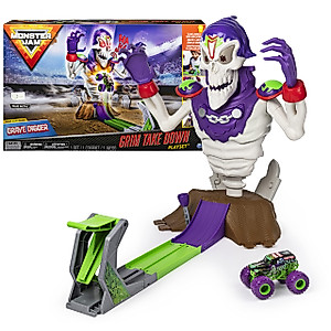 Monster Jam, Grim Takedown Playset with Lights and Sounds, Featuring Exclusive 1:64 Scale Die-Cast Grave Digger Monster Truck