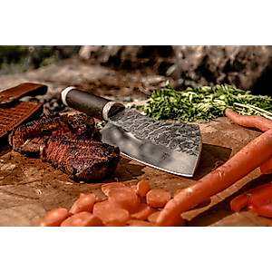Norse Tradesman Chef & Cleaver Hybrid Knife - 7.5" Razor Sharp Kitchen Knife – Genuine Cowbone Accented Handle with Celtic Knot Engravings – Artisan Forged