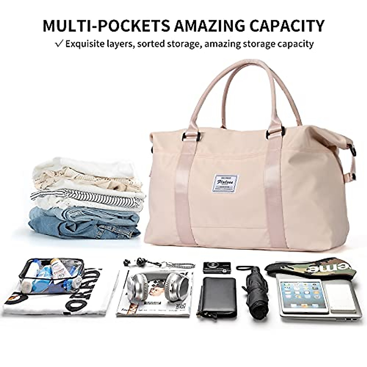 HYC00 Travel Duffel Bag, Sports Tote Gym Bag, Shoulder Weekender Overnight Bag for Women,Beige Large