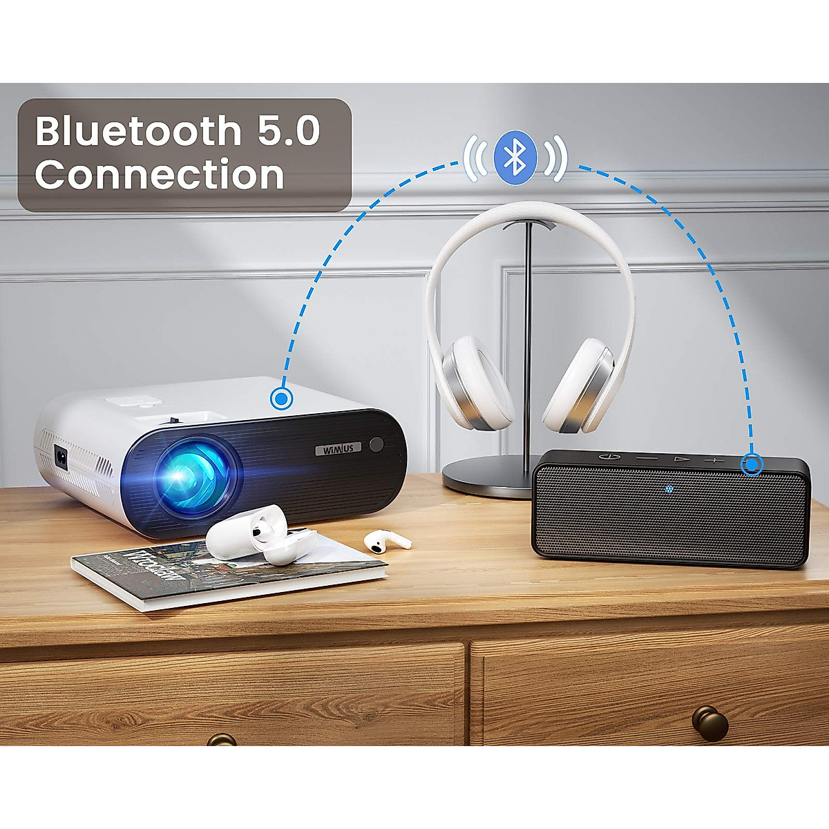 WiFi Bluetooth Projector, WiMiUS 2023 Top 1 Mini Projector with Carry Bag, Full HD 1080P & 300", Portable Projector for HDMI,VGA,USB,AV,Laptop,Smartphone