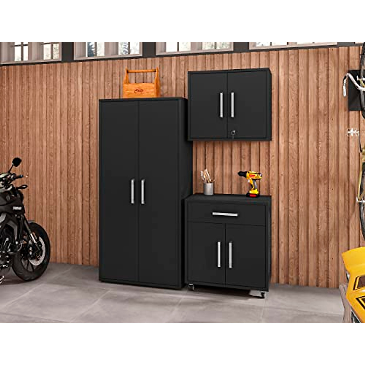 Manhattan Comfort Eiffel 3-Piece Storage Garage Set in Matte Black