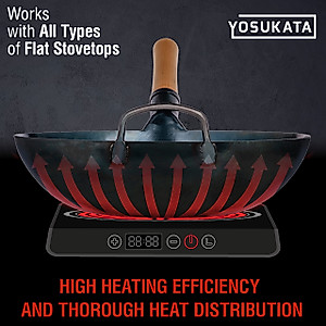 YOSUKATA Flat Bottom Wok Pan - 13.5" + Premium Wok Cover 13,5 inch Pan Lid - 13.5" Blue Carbon Steel Wok + 17’’ Wok Spatula and Ladle - Set of 2 Heat-Resistant Wok Tools