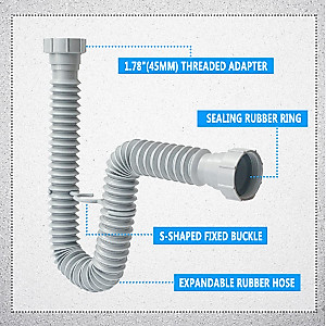 Cinsda Flexible Sink Drain Pipe, 1-1/2 P-trap with Adapter, Expandable Tubular Drain Tubing Pipe, Adjustable P Trap for Kitchen Sink Drain & Garbage Disposal