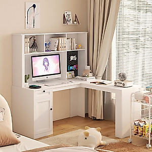 Home Office L Shaped Desk with Hutch, Drawers & Bookshelf and LED Light, Wood Computer Desk with Charger, Corner Desk Study Table Writing Desk, Gaming Computer Desk for Study Room, White