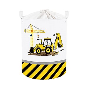 Clastyle 45L Cartoon Yellow Excavator Boys Laundry Basket Bulldozer Crane Engineering Vehicles Kid Hamper Round Toys Clothes Storage Baskets with Drawstring