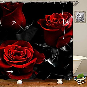 Jlong 4 Pcs Valentines Day Shower Curtain Set with Non-Slip Rugs, Toilet Lid Cover Bath Mat, Romantic Red Rose Shower Curtain with 12 Hooks, Waterproof Polyester Fabric Bathroom Decor Set