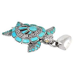 Turtle Pendant Necklace 925 Sterling Silver Genuine Turquoise (20", Turquoise)
