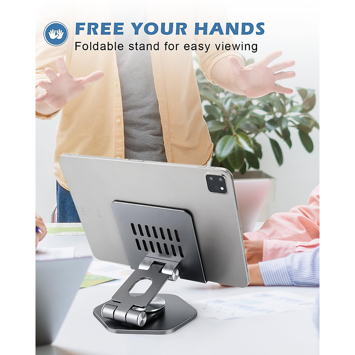 SOJUNER Tablet Stand Holder for Desk, Swivel iPad Stand with 360 Rotating Base, Aluminum Foldable Desktop Stand Holder Compatible with All Tablet Such as iPad Pro 12.9,11,10.5,9.7, Grey