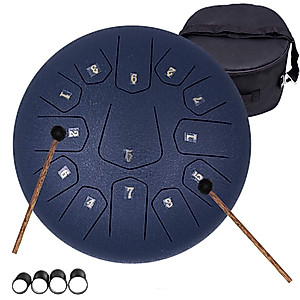 LOMUTY 12 Inches 30 CM Steel Tongue Drum-13 Notes C Major Tuned Percussion Instrument-Handpan Drum Sets with Bag, Music Book, Mallets and Finger Picks(Navy)