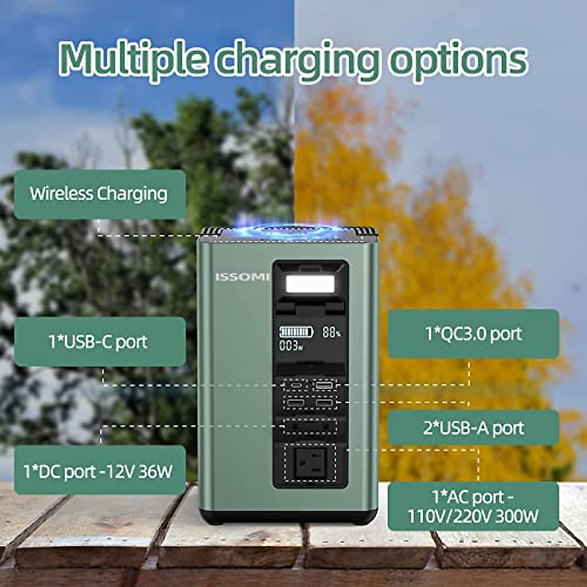Portable Power Station - 80000mAh Large Capacity, Noiseless,110V/220V/300W AC Port, Water/Dust/Shock Proof Wireless Charging Solar Generator (Solar Panel Not Included), Camping C.P.A.P Emergency