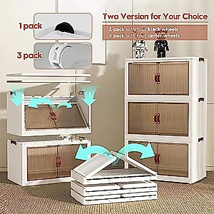 Storage Bins with Lids,Stackable Cabinet Organizer with Caster Wheels,Collapsible Toy Storage with Double Door,12Gal Foldable Plastic folding storage boxes set 3 for Home