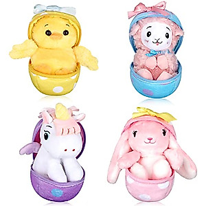 Skylety 4 Packs Easter Egg Stuffed Animals 6 Inch Easter Eggs Filled with Llama Unicorn Chick Rabbit Plush Inside for Easter Basket Stuffers Presents Exchange Party Favors Gifts
