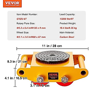 VEVOR Machinery Skate Dolly, 13,200 LBS/6T Industrial Machinery Mover, Heavy Duty Carbon Steel Machinery Moving Skate with 4 PU Wheels and 360° Rotation Non-Slip Cap for Warehouse, Workshop, Factory