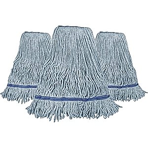 Buena Goods Heavy Duty Blue Commercial Mop Head Replacement. Looped End Synthetic Cotton Blend Mop Refill. Industrial Grade Reusable Washable Wet Mop Heads. Durable Wide Universal Headband. 3 Pack
