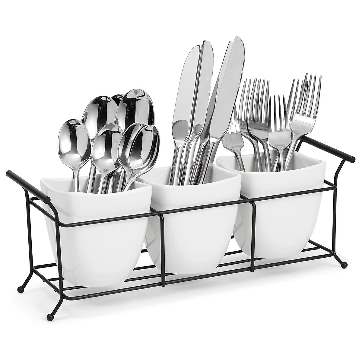 White Ceramic Utensil Holder, Flatware Caddy with Metal Stand (13 x 4 x 5 In)