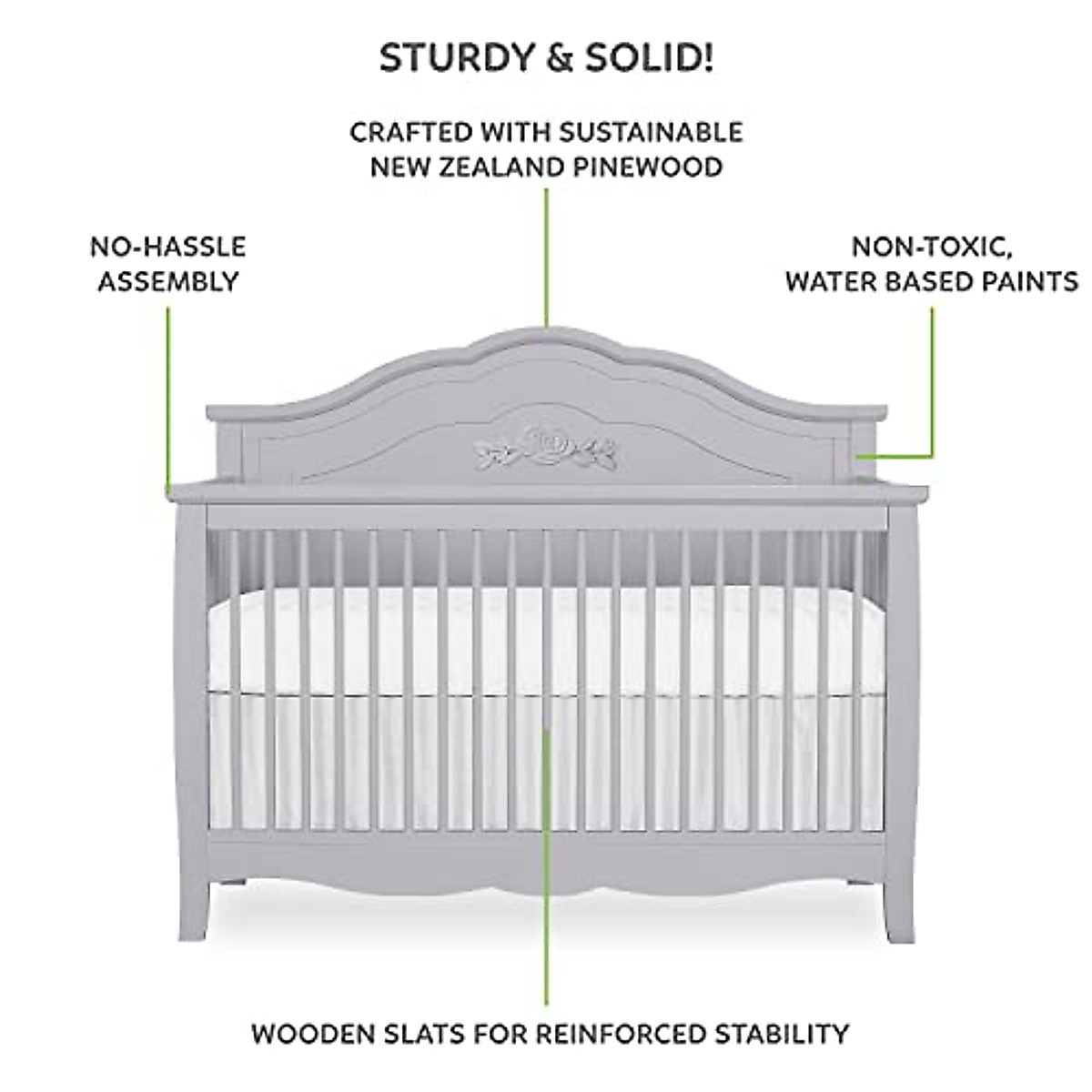 SweetPea Baby Rose 4-in-1 Convertible Crib in Silver Shimmer, Baby Crib with Spindles, Greenguard Gold Certified, Easy Assembly, Sustainable New Zealand Pinewood