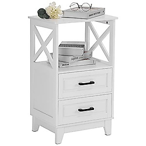 Nightstand with 2 Storage Drawers, Tall End Table with Wooden X-Design for Bedroom,Living Room White