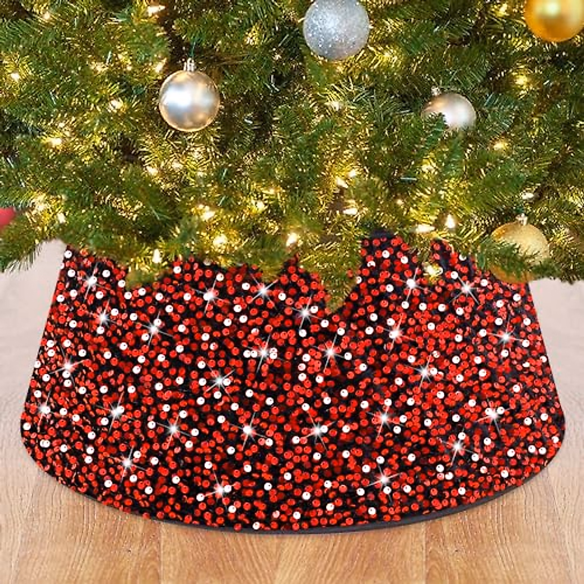 ROMANKAS Christmas Tree Collar Red and Black Glitter Xmas Tree Collar 23.6 Inch Sequins Christmas Tree Skirt Sparkle Tree Base Cover Bling Xmas Tree Ring for Holiday Party Christmas Decoration