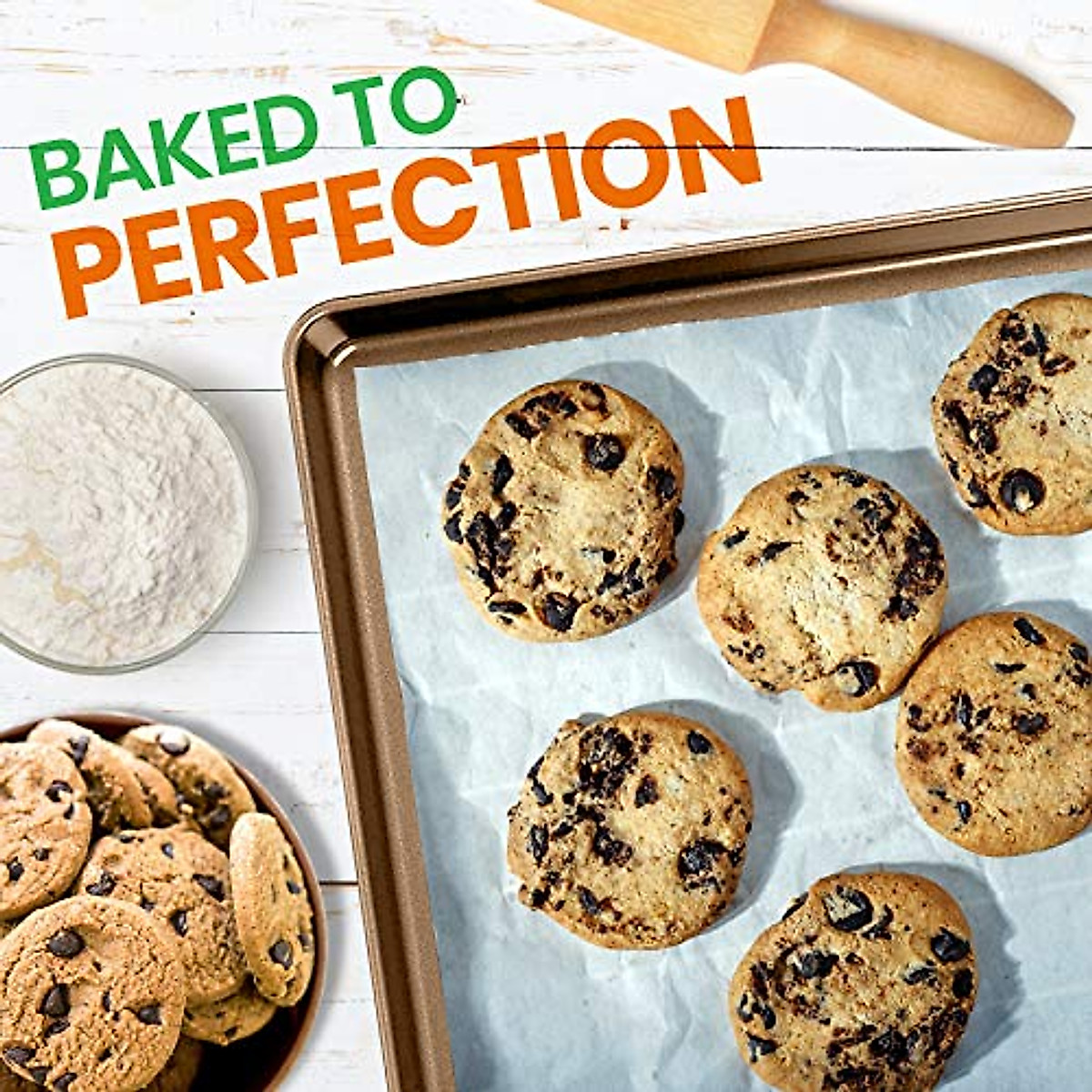 NutriChef Nonstick Cookie Sheet Baking Pan - Metal Oven Large Baking Tray, Professional Quality Non-Stick Mega Pan Bake Trays - Stylish Metallic Coating, PFOA PFOS PTFE Free NCLG1GD