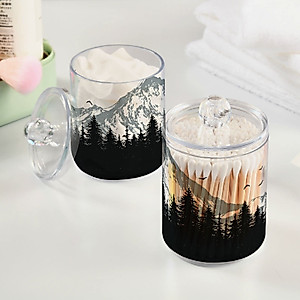 KEEPREAL Nature Mountains and Forest Qtip Holder Dispenser with Lids, 2PCS Plastic Food Storage Canisters, Apothecary Jar Containers for Vanity Organizer Storage