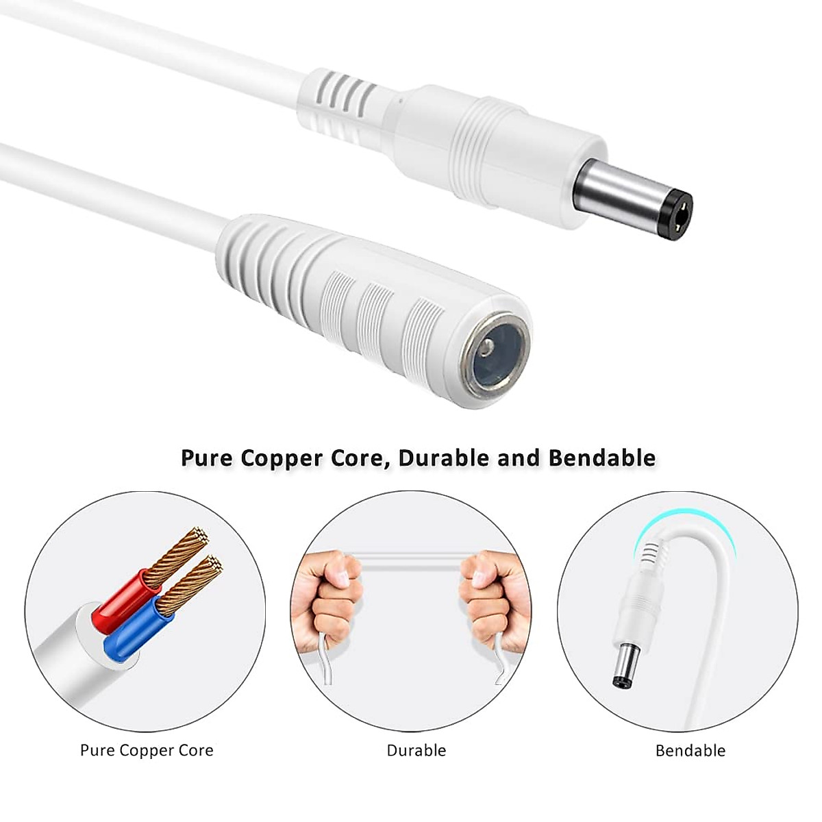 DC 12V Power Extension Cord, Hosafe 33ft White Security Camera Power Adapter Extension Cable, 5.5 * 2.1mm Power Cord Connector for Home Security Camera, Nvr, Router, Switch, Projector