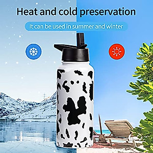 CLQFDT 32oz Cow Print Vacuum Insulated Stainless Steel Water Bottles with Straw & Spout Lids, Double Wall Sport Bottle, Sweat-Proof BPA Free, Canteen Metal Thermo Mug Hydro Cup Jug (Cow Print)