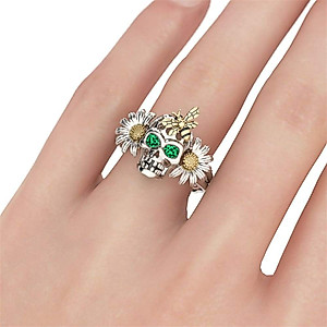 Jeulia 0.5 Carat Daisy Bee Rings Women 925 Sterling Silver Skull Engagement Rings with Emerald Eye Cubic Zirconia CZ Solitaire Wedding Rings Anniversary Promise with Jewelry Box (9)