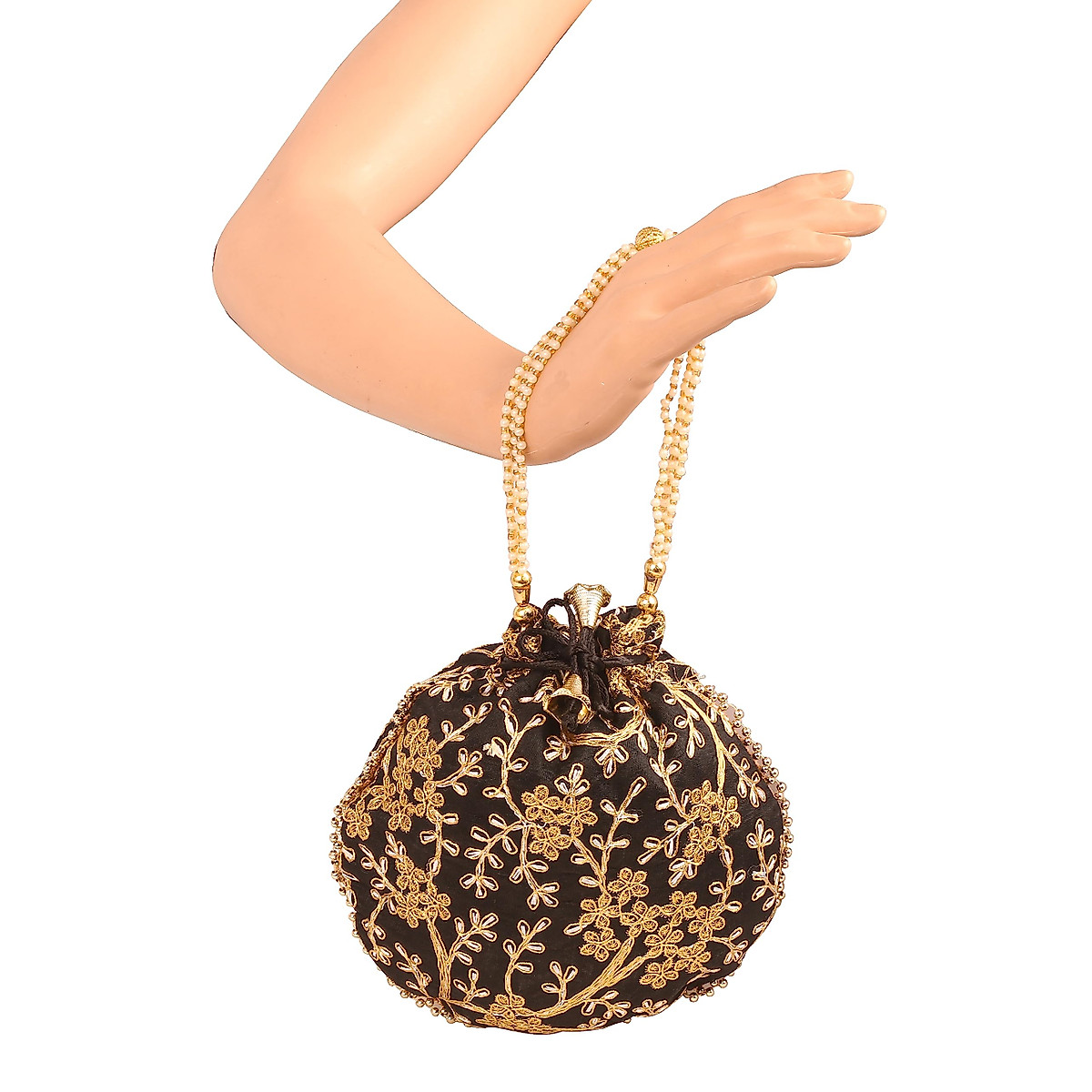 Touchstone NEW Traditional Indian Hand Embroidered Floral Faux Pearls Strings Shopping Gifts Jewelry Wedding Sweet Distribution Drawstring Fancy Black Bag Purse Pouch For Women.