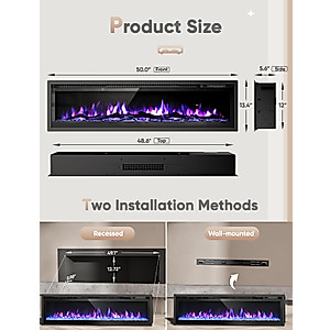 50" Electric Fireplace Inserts and Wall Mounts with Remote Controls 12 Realistic 3D Flame Colors, 750/1500 W Heater, Adjustable Temperature 62F to 82F, Low Noise, 8 Hour Timer, Log and Crystals