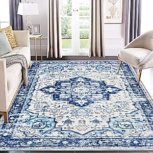 COZYLOOM Vintage Rug 9x12 Large Washable Area Rug Soft Medallion Distressed Floor Cover Traditional Indoor Foldable Rug Floral Print Accent Thin Rug Retro Carpet for Living Room Bedroom Office Blue