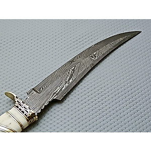 Skokie Knives Custom Hand Made Damascus Steel Hunting Fixed Blade Knife Handle Camel Bone