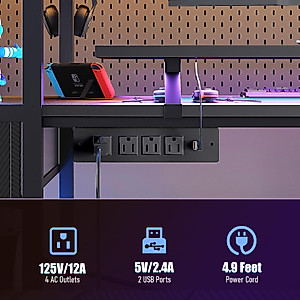 TREETALK Gaming Desk with Power Outlets & Music Strip Lights,47In Reversible Computer Desk with Storages Shelves,Wooden Drawer& CPU Stand, PC Laptop Table with Large Monitor Stand for Home Office