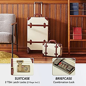 CO-Z Vintage Luggage Sets, 2 Piece Retro Suitcase with Spinner Wheels TSA Lock and Carry On Briefcase, Large 24" Trunk Small 12" Train Case Leather Travel Luggage Set for Women Men, Beige