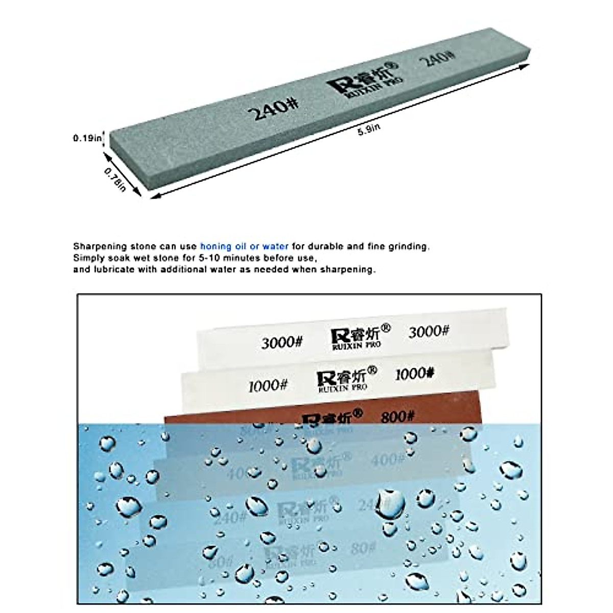 RUIXIN PRO 6Pcs Replacement Knife Sharpening Stones for RX-008 RX-009 Knife Sharpener Fixed-Angle Kit, Professional Whetstone Set Polishing Stone without Base 80/240/400/800/1000/3000 Grit