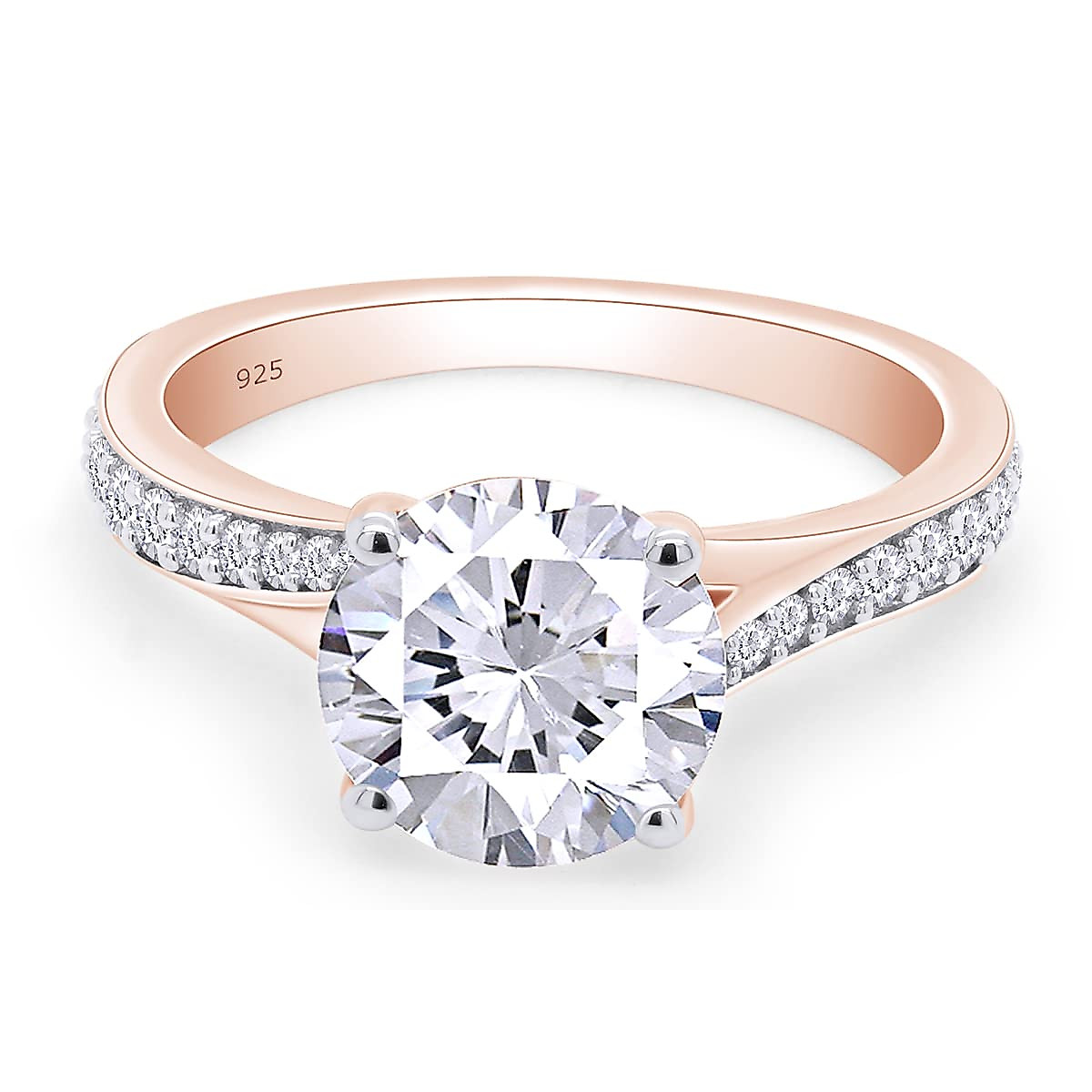 SAVEARTH DIAMONDS 2 Carat Round Cut Lab Created Moissanite Diamond Split Shank Solitaire Engagement Ring In 14K Rose Gold Plated 925 Sterling Silver Jewelry (G-H Color, 2.00 Cttw) Ring Size -6.5