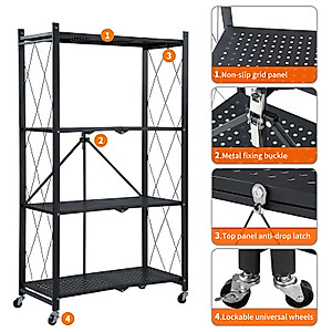 JOYBOS 4-Shelf Foldable Storage Shelves with Wheels, Heavy Duty Metal Shelving, No Assembly Organizer Wire Shelf Rack for Garage Kitchen, Basement, Pantry, Holds up to 1000 pounds…