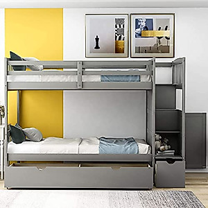DNYN Stairway Twin Over Full & Twin Bunk Bed with Storage Shelves & Drawers,Convertible Bunkbeds,Wooden Home Furniture Bedframe,No Box Spring Need,Perfect for Kids Bedroom,Guest Room, Gray