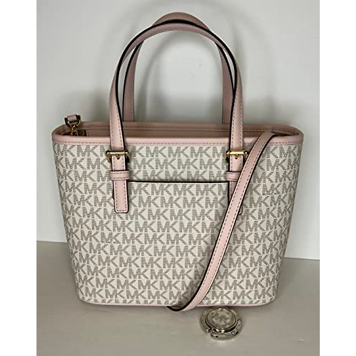 Michael Kors Jet Set Travel XS Carryall Convertible Top Zip Tote bundled with SM TZ Coinpouch and Purse Hook (Signature MK Vanilla/Pink)