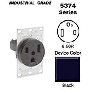 Leviton 5374-S00 50 Amp, 250 Volt, Flush Mounting Receptacle, Straight Blade, Industrial Grade, Grounding, Black, 1-Pack