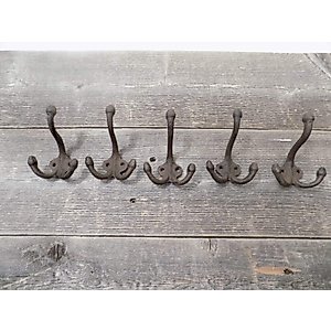5 Rustic Coat Hooks Cast Iron Double Wall Hooks 3 1/2" Long For Hats, Towel, School Hooks, Hall Trees, Entry Ways, Mud Rooms, Dog Leashes, Purses, Crafts, or Restoration, Vintage Style