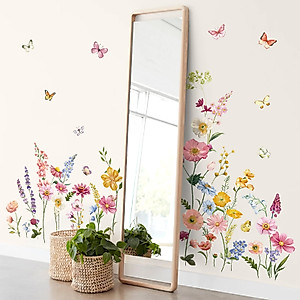 decalmile Flower Wall Decals Daisy Wildflower Grass Butterflies Wall Stickers Girls Bedroom Living Room Home Office Wall Decor