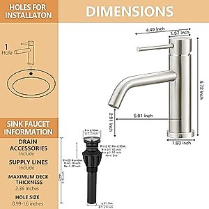 BATHLAVISH Bathroom Sink Faucet Brushed Nickel Single Hole Single Handle Modern Vanity Lavatory Mixer Tap RV Deck Mounted with Pop Up Drain with Overflow Combo